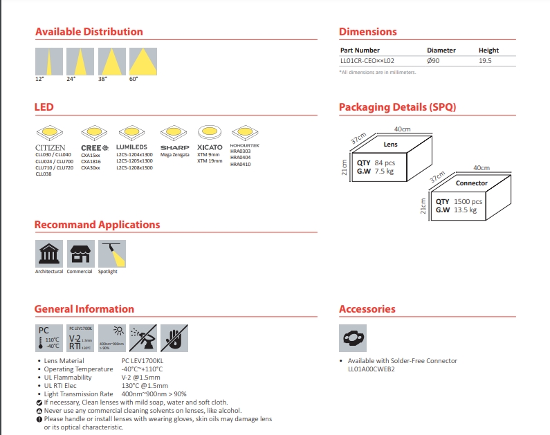 LL01CR-CEO××L02 LED 照明镜头 - 显胜光电 | Bridgelux普瑞LED代理商
